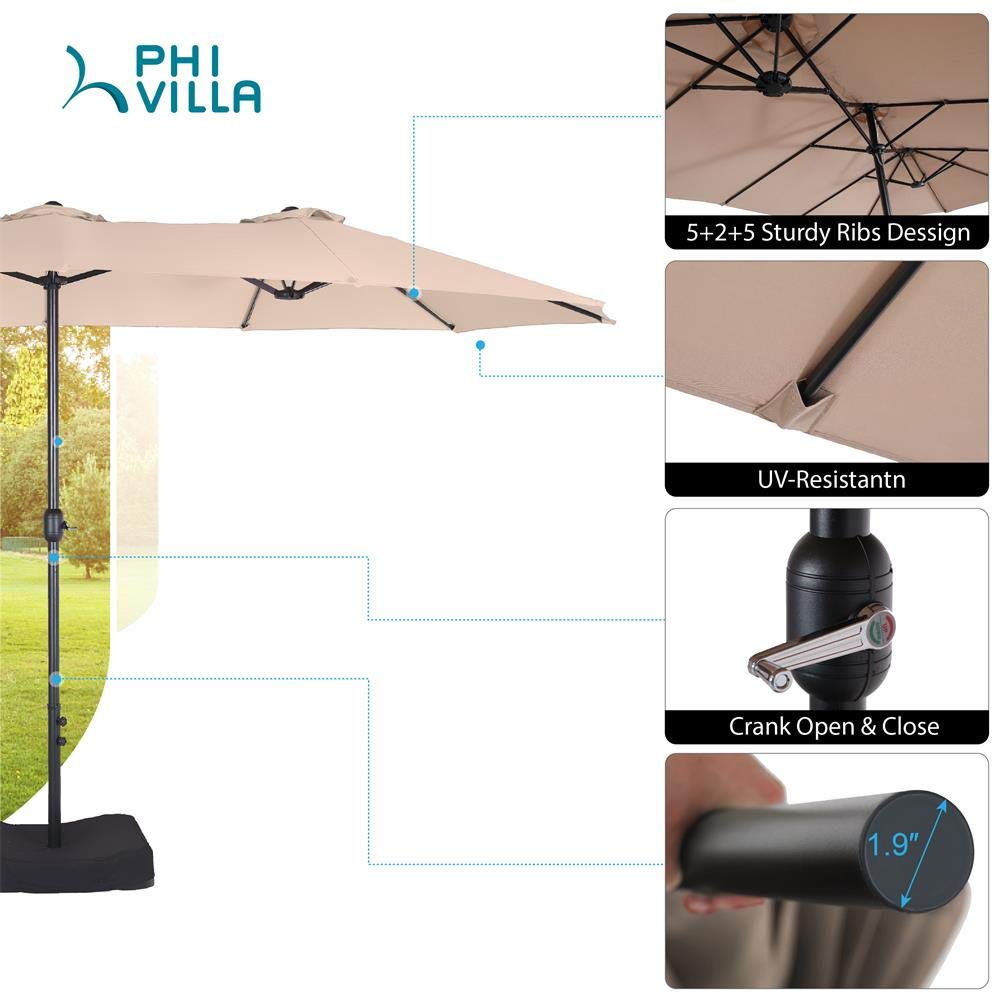 PHI VILLA 15ft Large Patio Umbrella Double-Sided Outdoor Market Pool Umbrellas with Crank, Umbrella Base (Stand) Included(Beige)
