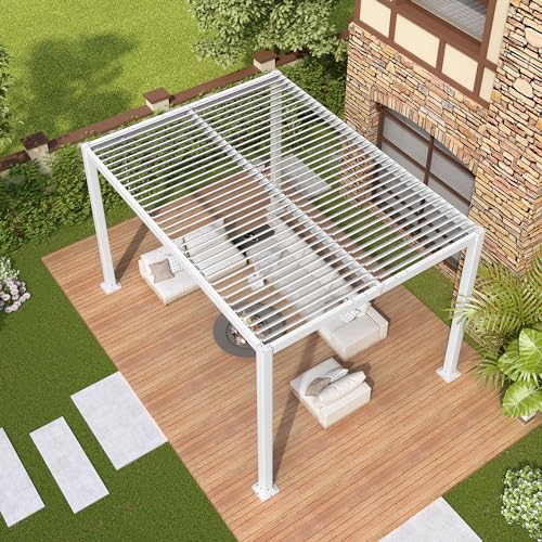 StarEcho Louvered Pergola 10 x 13 Ft with Integrated Drainage System - Durable Aluminum Outdoor Structure for Backyard, Garden, and Terrace - Adjustable Roof Gazebo for Easy Installation(White)