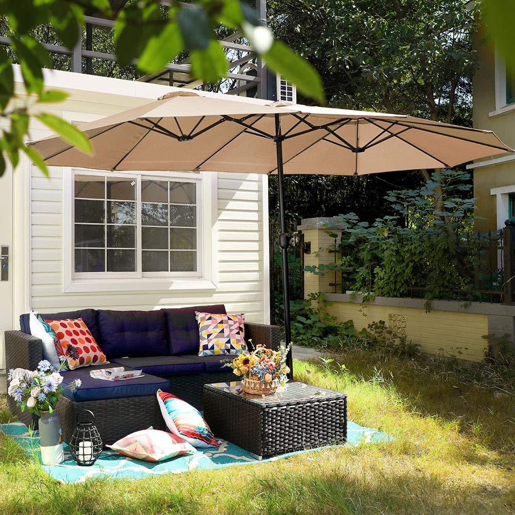 PHI VILLA 15ft Large Patio Umbrella Double-Sided Outdoor Market Pool Umbrellas with Crank, Umbrella Base (Stand) Included(Beige)