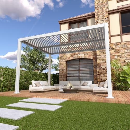 StarEcho Louvered Pergola 10 x 13 Ft with Integrated Drainage System - Durable Aluminum Outdoor Structure for Backyard, Garden, and Terrace - Adjustable Roof Gazebo for Easy Installation(White)