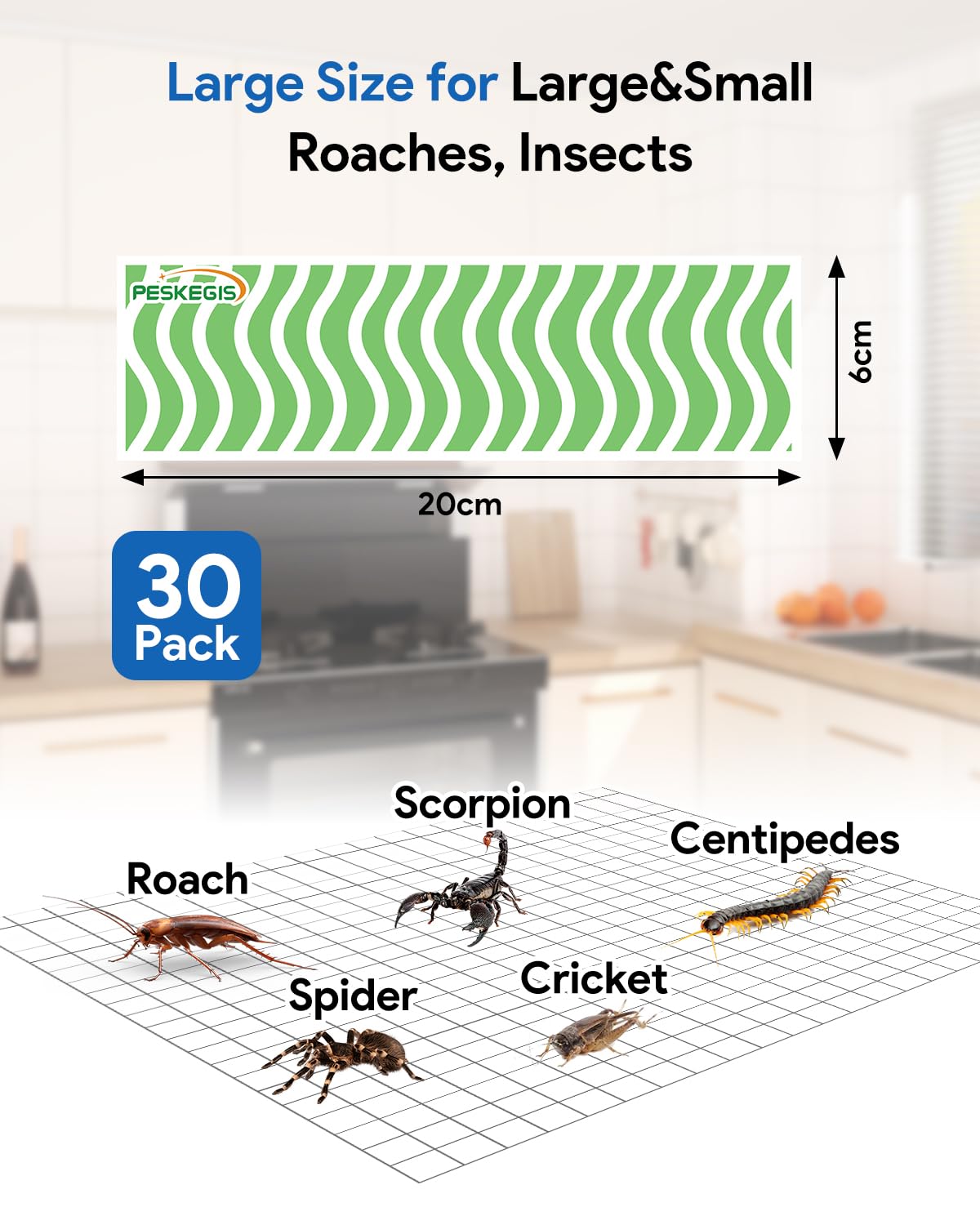 Large Roach Insect Traps 30 Pack, Trap & Kill Indoor Crawling Crickets, Scorpions, Cockroaches, Bugs, Spiders, Centipedes, Mice Glue Boards, On-Wall Insect Catcher, Pre-Baited Fruity Scent