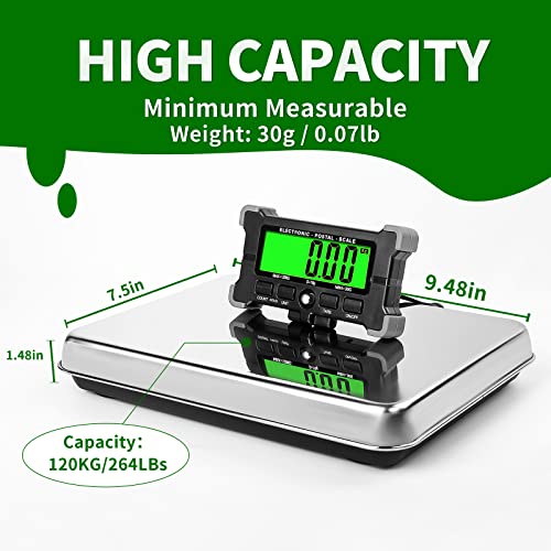 Shipping Scale, 264lbs Shipping Postal Scale with 10g High Precision, Postal Scale with Tare/Hold/Count, Stainless Steel Large Platform, Backlit LCD Display, Battery & USB Power Supply Included