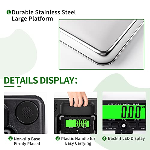 Shipping Scale, 264lbs Shipping Postal Scale with 10g High Precision, Postal Scale with Tare/Hold/Count, Stainless Steel Large Platform, Backlit LCD Display, Battery & USB Power Supply Included