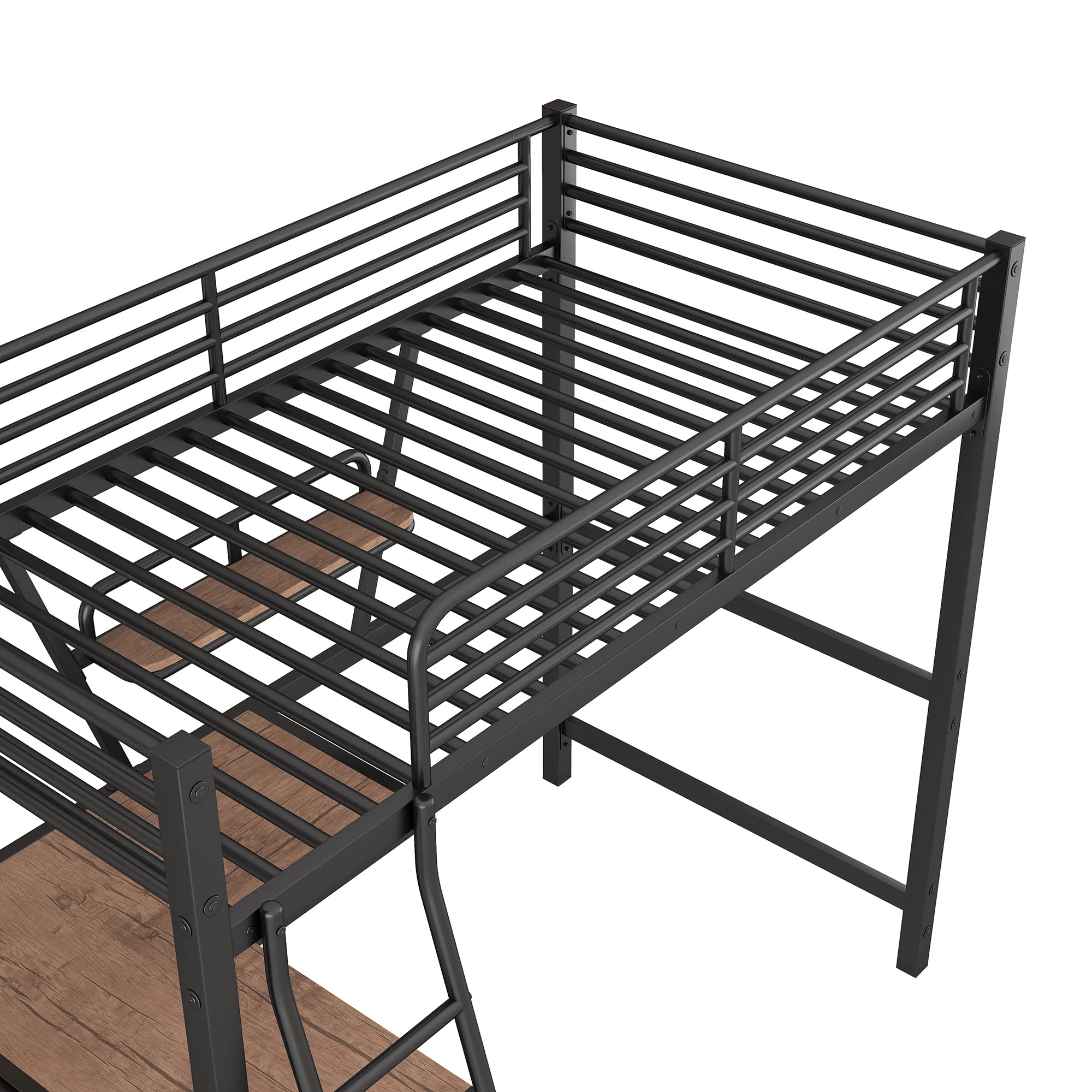 P PURLOVE Metal Loft Bed with Desk Twin Size High Loft Bed with L-Shaped Desk and Shelf and Ladder,No Box Spring Need
