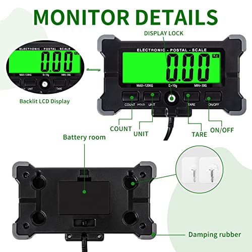 Shipping Scale, 264lbs Shipping Postal Scale with 10g High Precision, Postal Scale with Tare/Hold/Count, Stainless Steel Large Platform, Backlit LCD Display, Battery & USB Power Supply Included