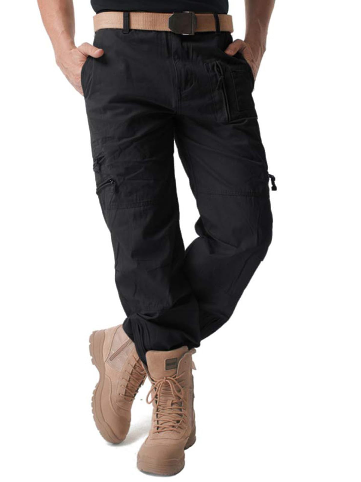 GSGGIG Men's Work Pants Outdoor Tactical Cargo Pants for Men, Cotton Casual Combat Pants with Zipper Pockets No Belt 9920-Black-32