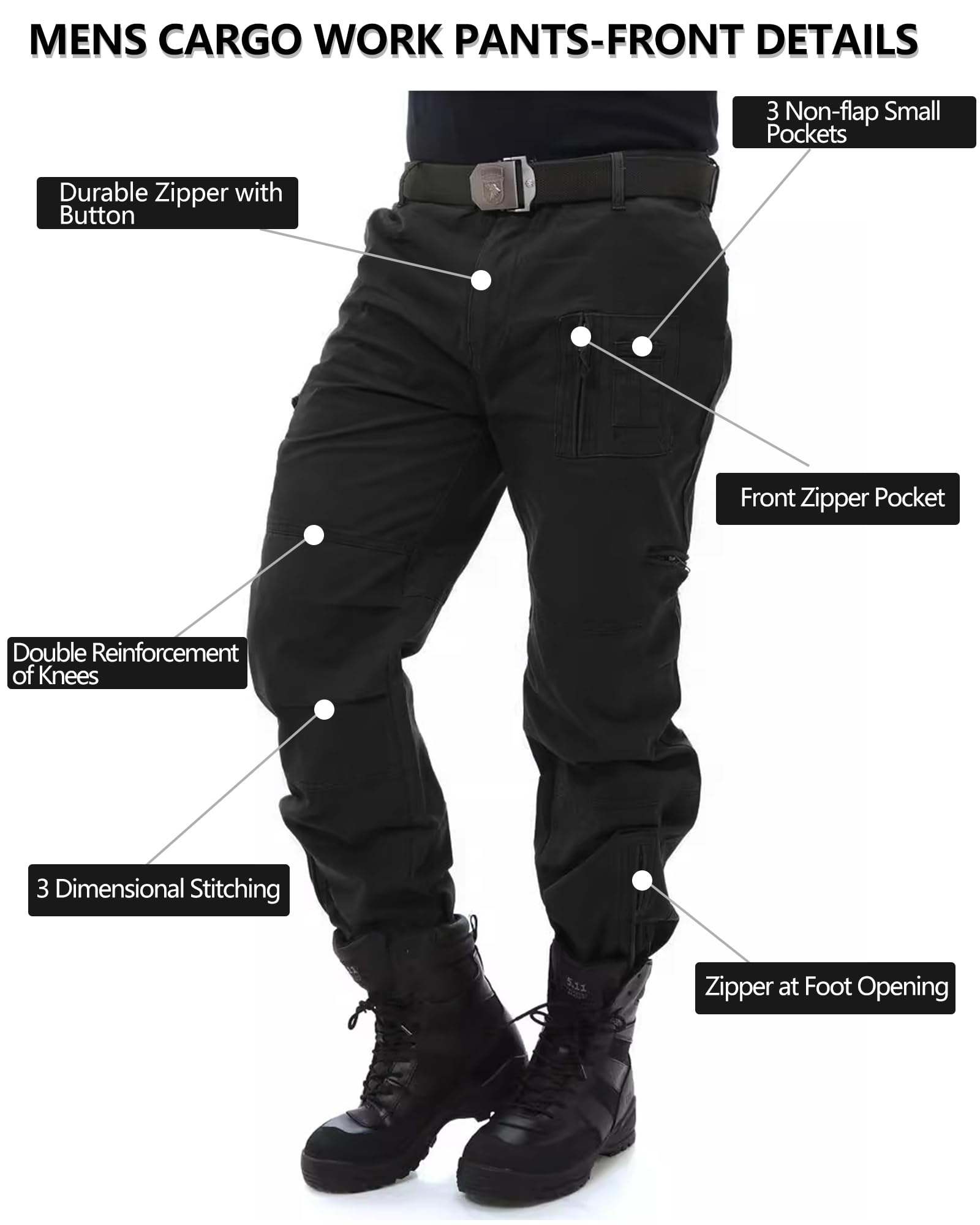 GSGGIG Men's Work Pants Outdoor Tactical Cargo Pants for Men, Cotton Casual Combat Pants with Zipper Pockets No Belt 9920-Black-32