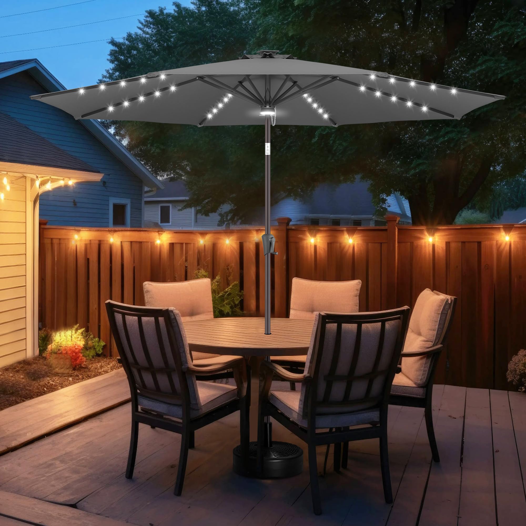 FLAME&SHADE 11 ft Solar Powered Outdoor Market Patio Table Umbrella with LED Lights and Tilt, Anthracite