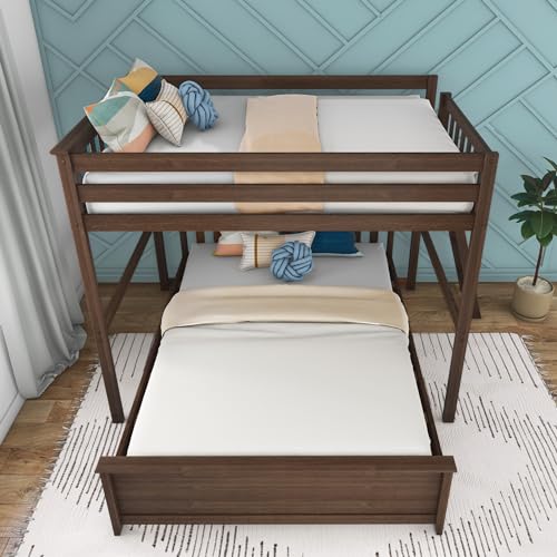 Max & Lily Bunk Bed, L Shaped Full-Over-Queen Bed Frame for Kids with Ladder on End, Solid Wood Bunk Bed for Kids, No Box Spring Needed, Walnut