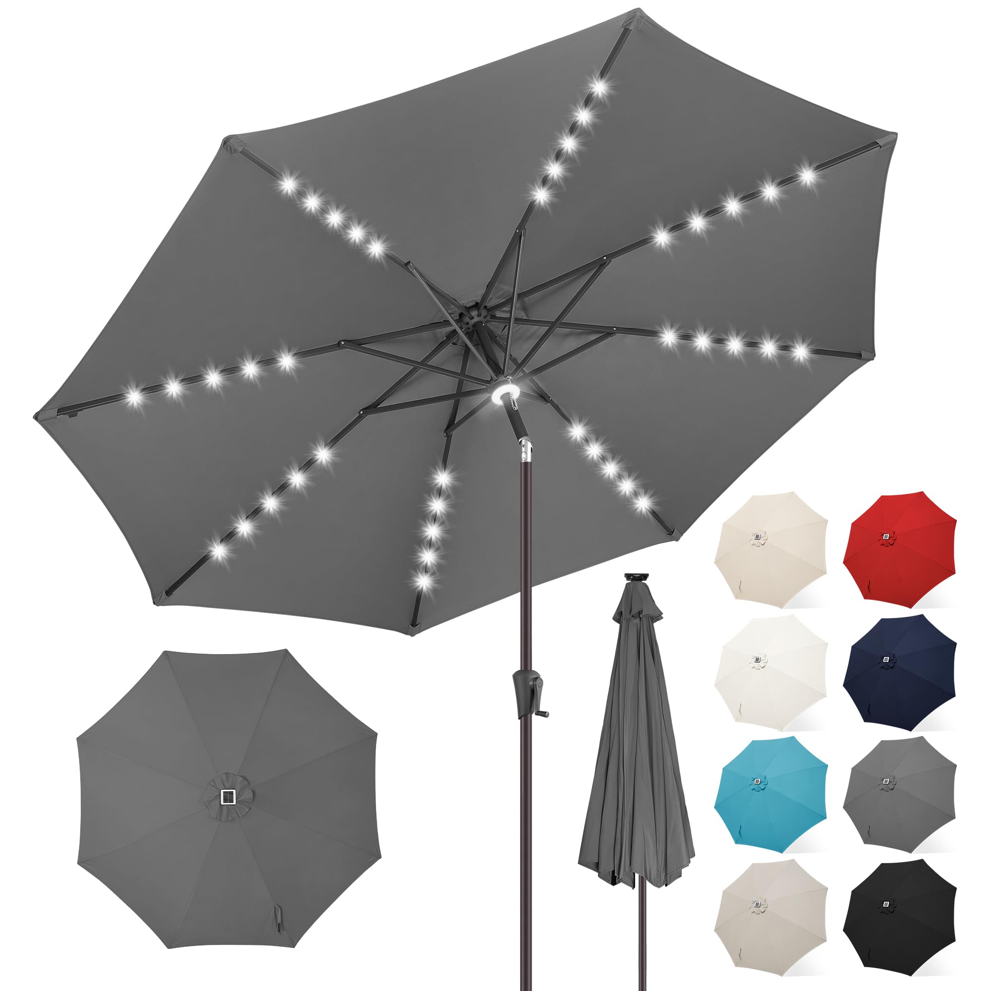 FLAME&SHADE 11 ft Solar Powered Outdoor Market Patio Table Umbrella with LED Lights and Tilt, Anthracite