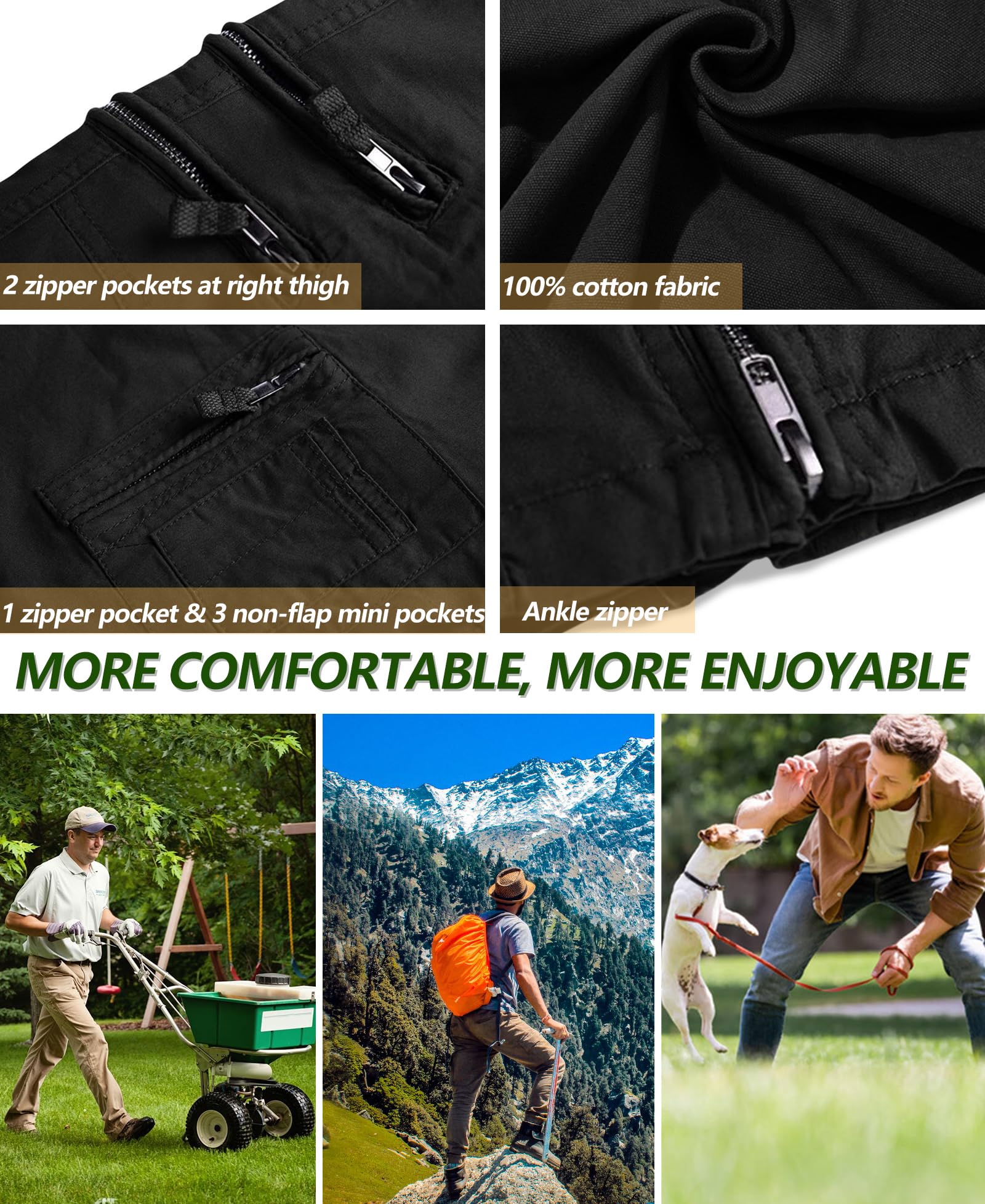 GSGGIG Men's Work Pants Outdoor Tactical Cargo Pants for Men, Cotton Casual Combat Pants with Zipper Pockets No Belt 9920-Black-32