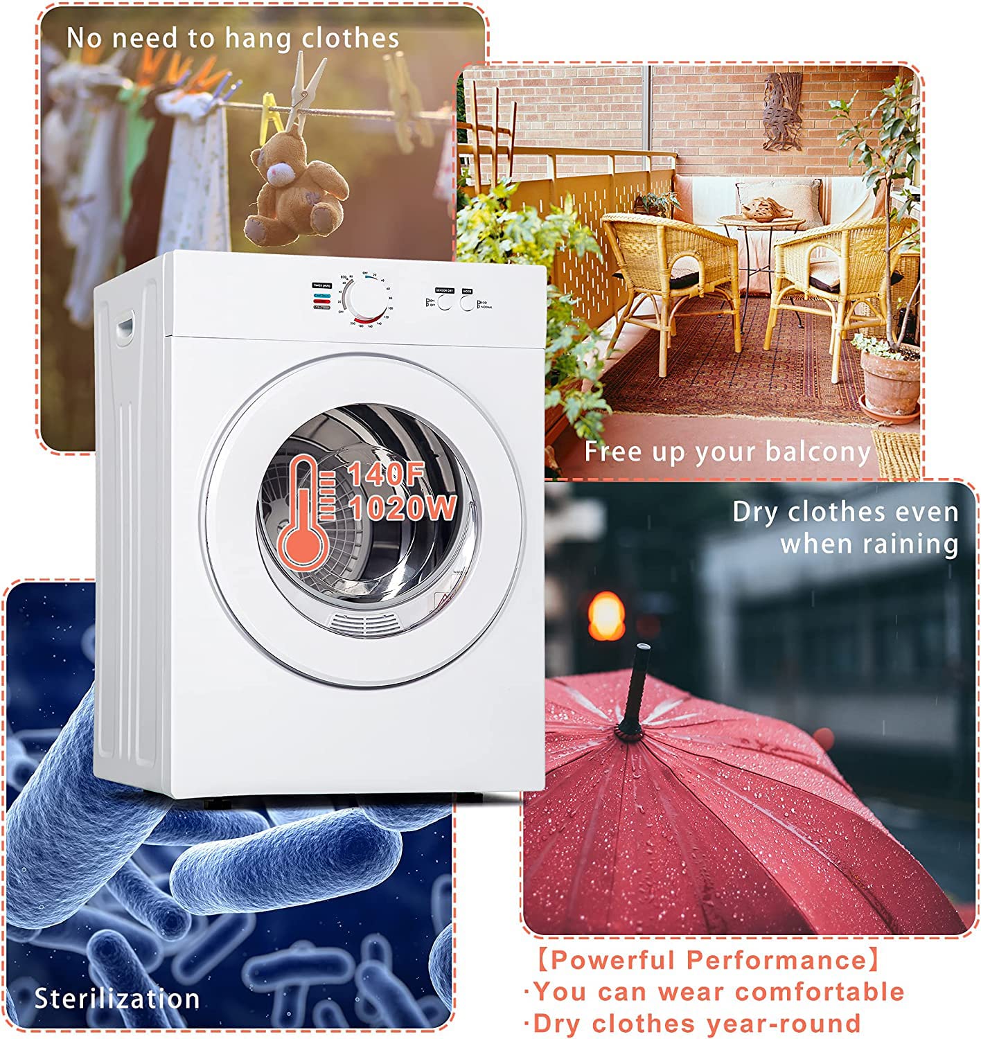 Euhomy Compact Laundry Dryer 1.8 cu.ft, Stainless Steel Clothes Dryers With Exhaust Pipe, Four-Function Portable Dryer For Apartments, Home, Dorm, White & BLACK+DECKER Small Portable Washer