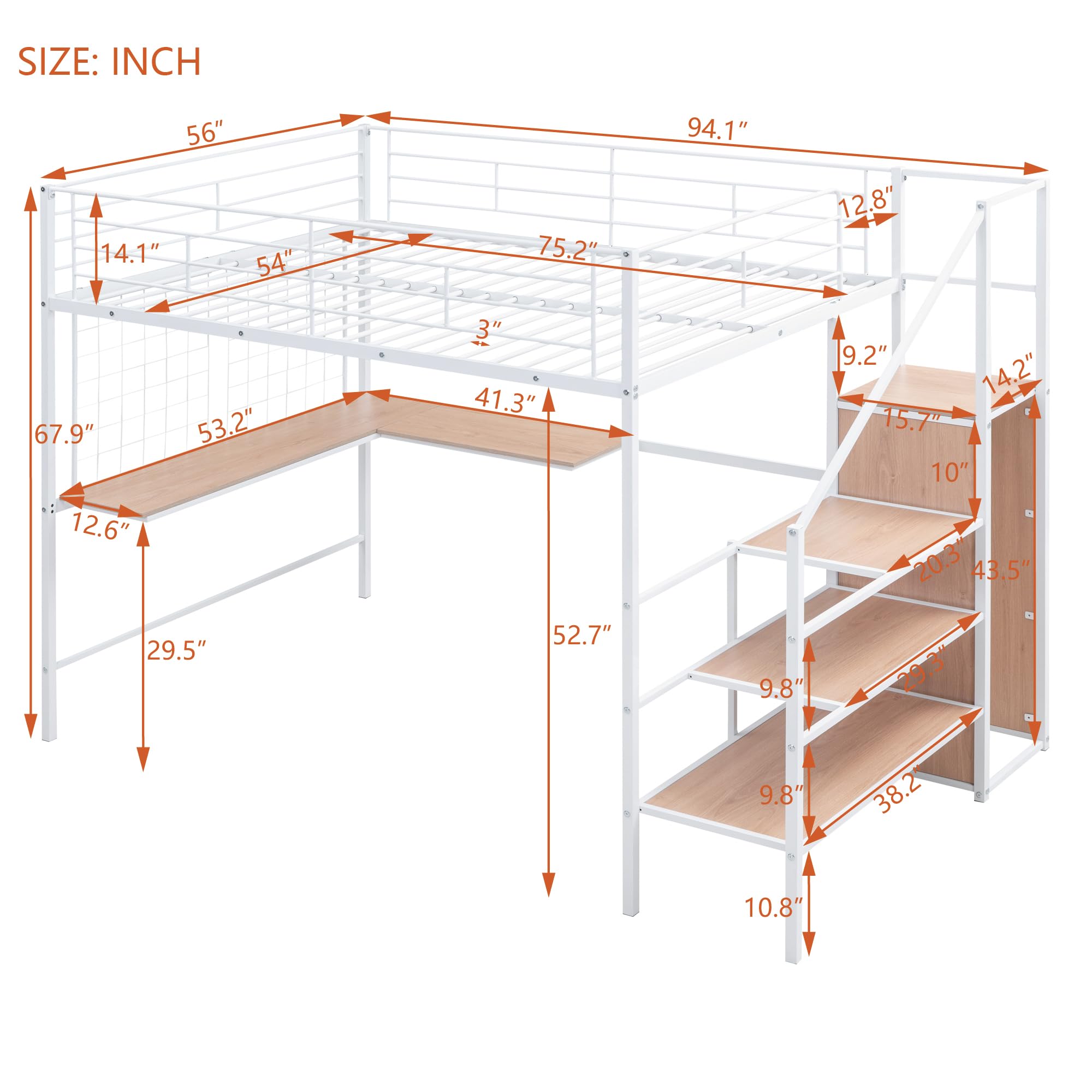 DNYN Stairway Full Size Loft Bed with Desk(L Shaped) & Storage Shelves & Wardrobe Design for Kids/Teen/Adults,Sturdy Metal Bedframe w/Safety Guardrails,Super Save Space & No Box Spring Needed, White