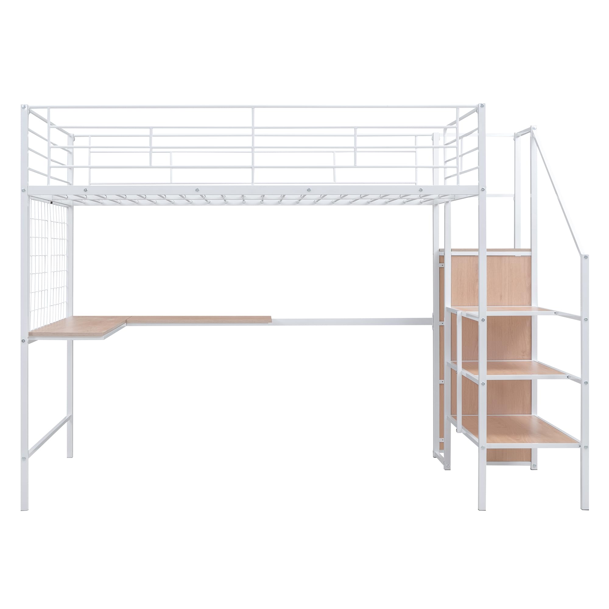DNYN Stairway Full Size Loft Bed with Desk(L Shaped) & Storage Shelves & Wardrobe Design for Kids/Teen/Adults,Sturdy Metal Bedframe w/Safety Guardrails,Super Save Space & No Box Spring Needed, White