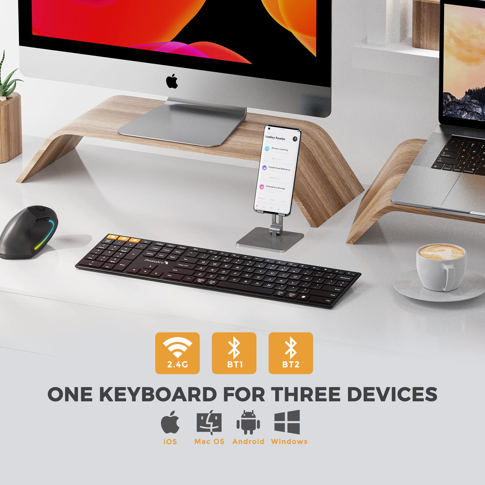 ProtoArc 2.4G Wireless Left-Handed Keyboard, XK21 Bluetooth Ultra-Thin Keyboard, Rechargeable Silent Keyboard with Three Multi-Device, Windows/Mac/Android, Black