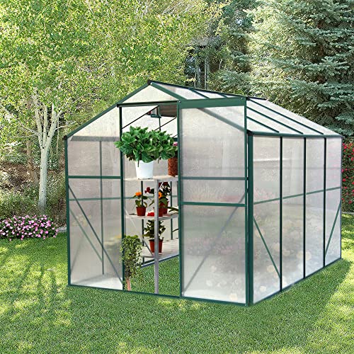 FRANSOUL 6x8 FT Hybrid Polycarbonate Greenhouse with Lockable Hinged Door, Sliding Door and 2 Vent Window, Walk-in Hobby Greenhouse Aluminum Hot House for Outdoor Garden Backyard, Green