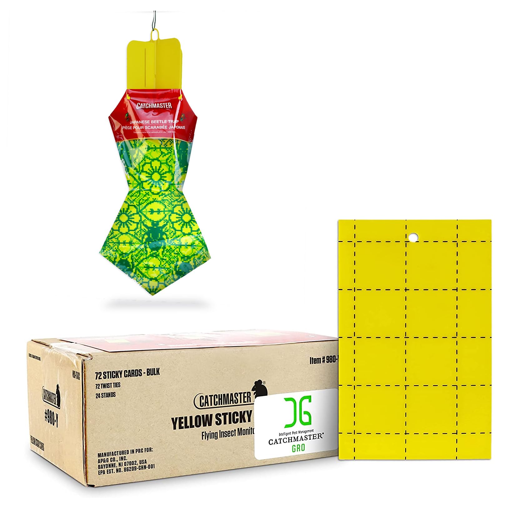 Catchmaster Outdoor Bug Trap Bundle, Japanese Beetle Trap 3-Pack & Yellow Sticky Trap 72-Pack, Flying Insect & Mosquito Traps for Backyard, Garden & Farm