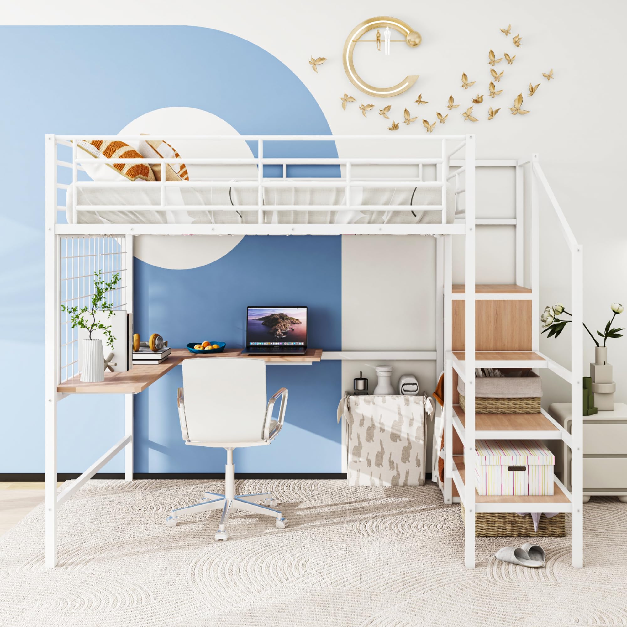 DNYN Stairway Full Size Loft Bed with Desk(L Shaped) & Storage Shelves & Wardrobe Design for Kids/Teen/Adults,Sturdy Metal Bedframe w/Safety Guardrails,Super Save Space & No Box Spring Needed, White