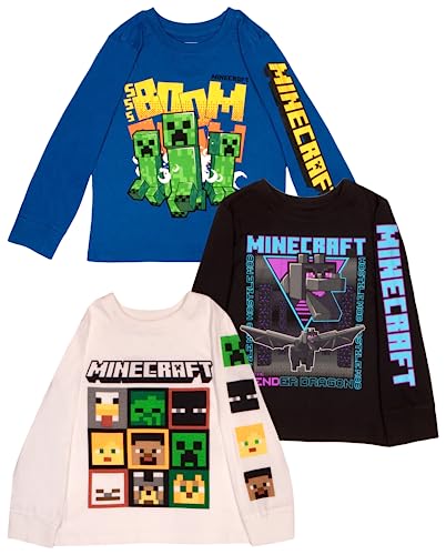 Minecraft Characters Boys Long Sleeve T-Shirt, 3-Pack Bundle Set for Kids and Toddlers (Size 7, Black/White/Royal)