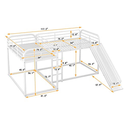 DHPM L Shaped Bunk Bed for 4, Bunk Bed with Slide, Heavy-Duty Metal Floor Bunk Bed Frame Full and Twin Size for Kids Teens Girls Boys