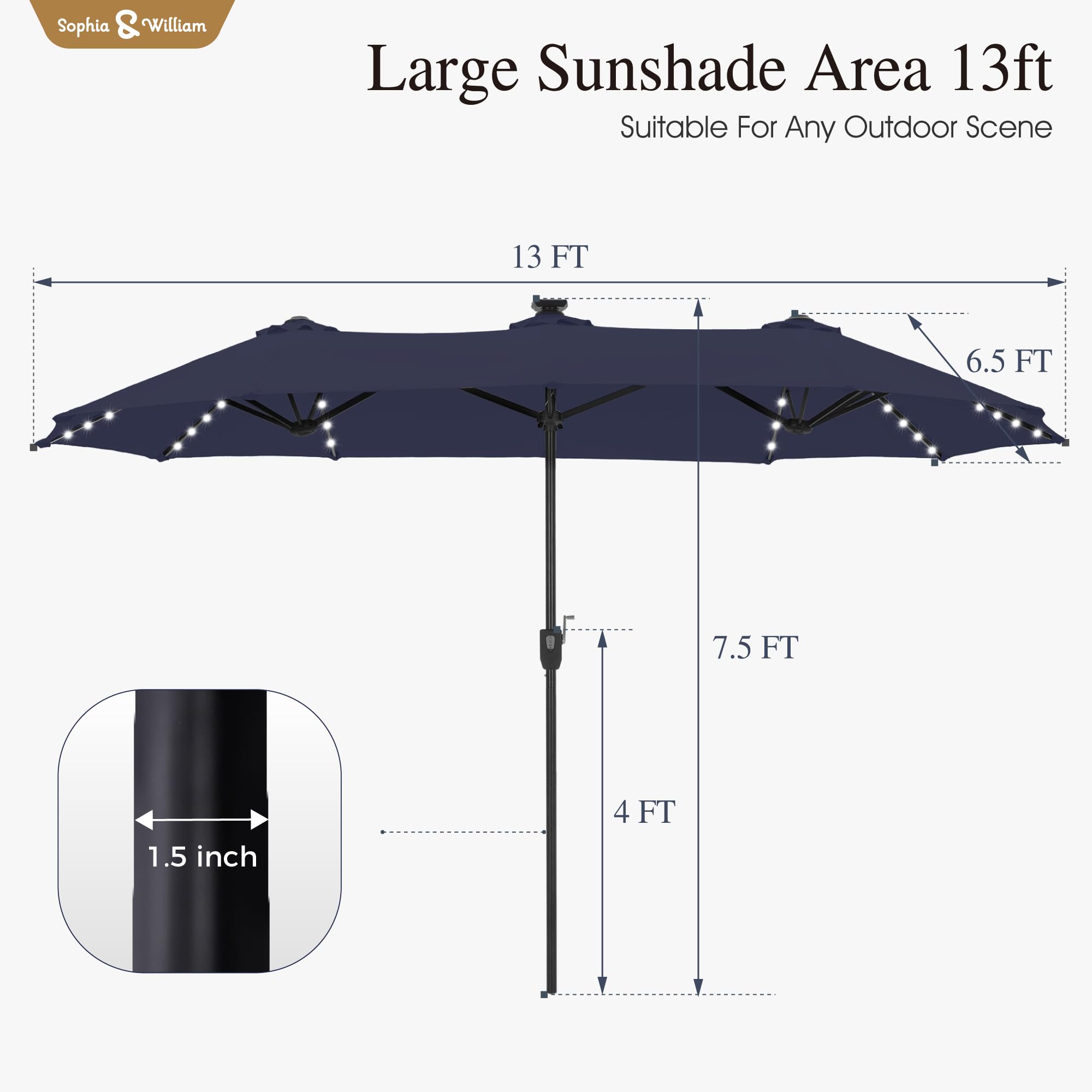 Sophia & William 13ft Patio Umbrella with Crank Lift, Large Outdoor Double-sided Umbrella with 120 LED lights, Perfect for Deck, Pool, Garden, Navy Blue