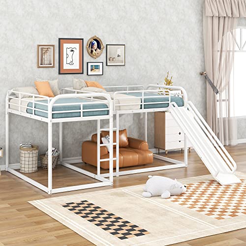 DHPM L Shaped Bunk Bed for 4, Bunk Bed with Slide, Heavy-Duty Metal Floor Bunk Bed Frame Full and Twin Size for Kids Teens Girls Boys