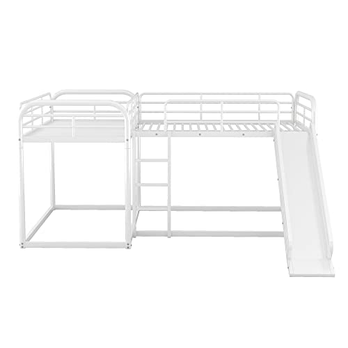 DHPM L Shaped Bunk Bed for 4, Bunk Bed with Slide, Heavy-Duty Metal Floor Bunk Bed Frame Full and Twin Size for Kids Teens Girls Boys