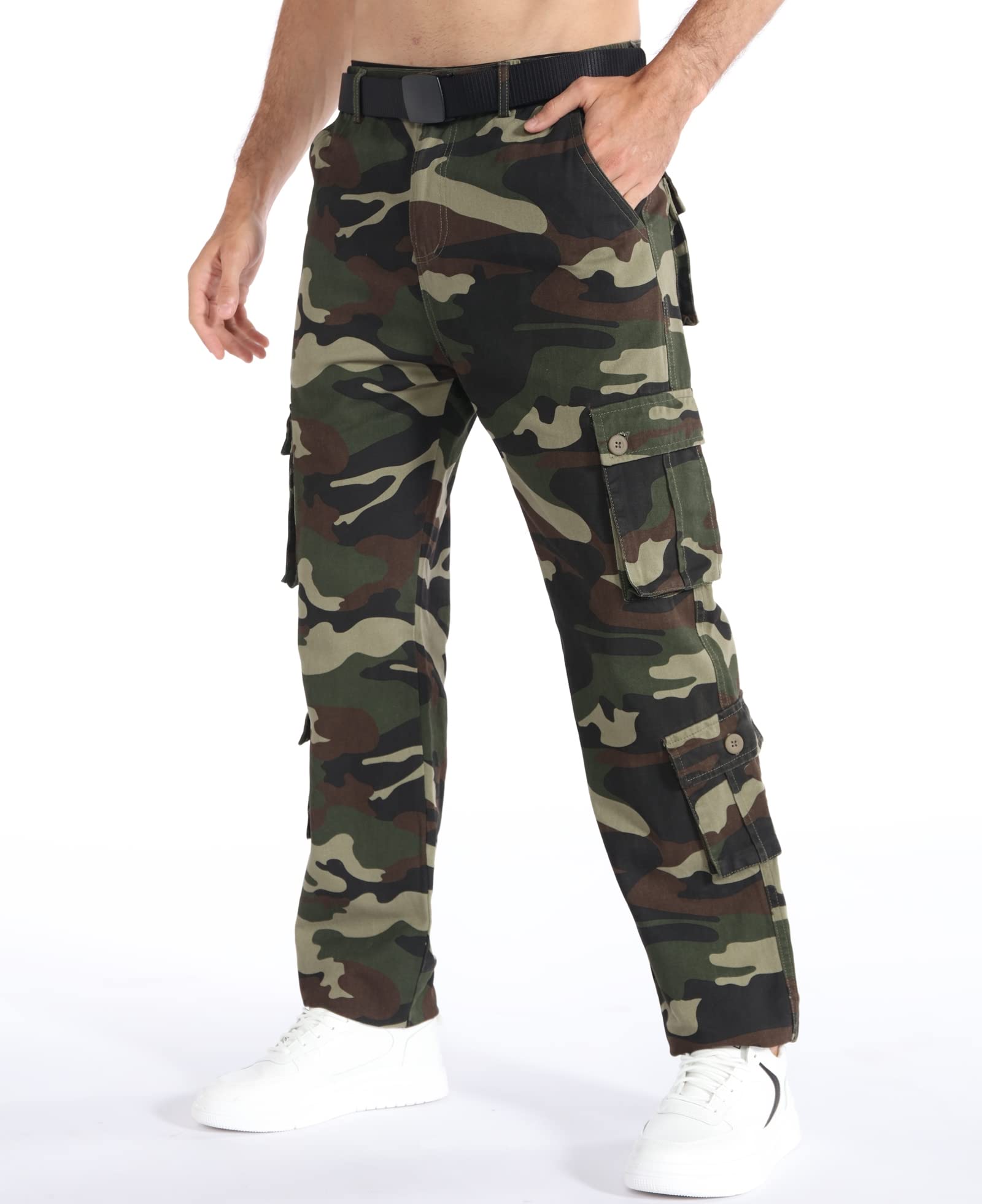 zeetoo Mens Relaxed-Fit Cargo Pants Multi Pocket Military Camo Combat Work Pants GZ03 Green Camo