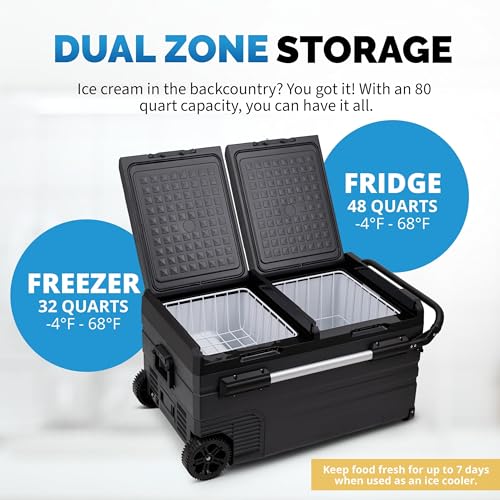 Newair Portable 80 Qt. Electric Car Camping Cooler with 4 Battery Protection Modes, Dual Zone Fridge and Freezer Storage, Retractable Handle, Outdoor Wheels and Rugged Construction