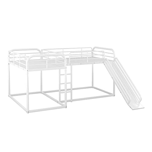 DHPM L Shaped Bunk Bed for 4, Bunk Bed with Slide, Heavy-Duty Metal Floor Bunk Bed Frame Full and Twin Size for Kids Teens Girls Boys