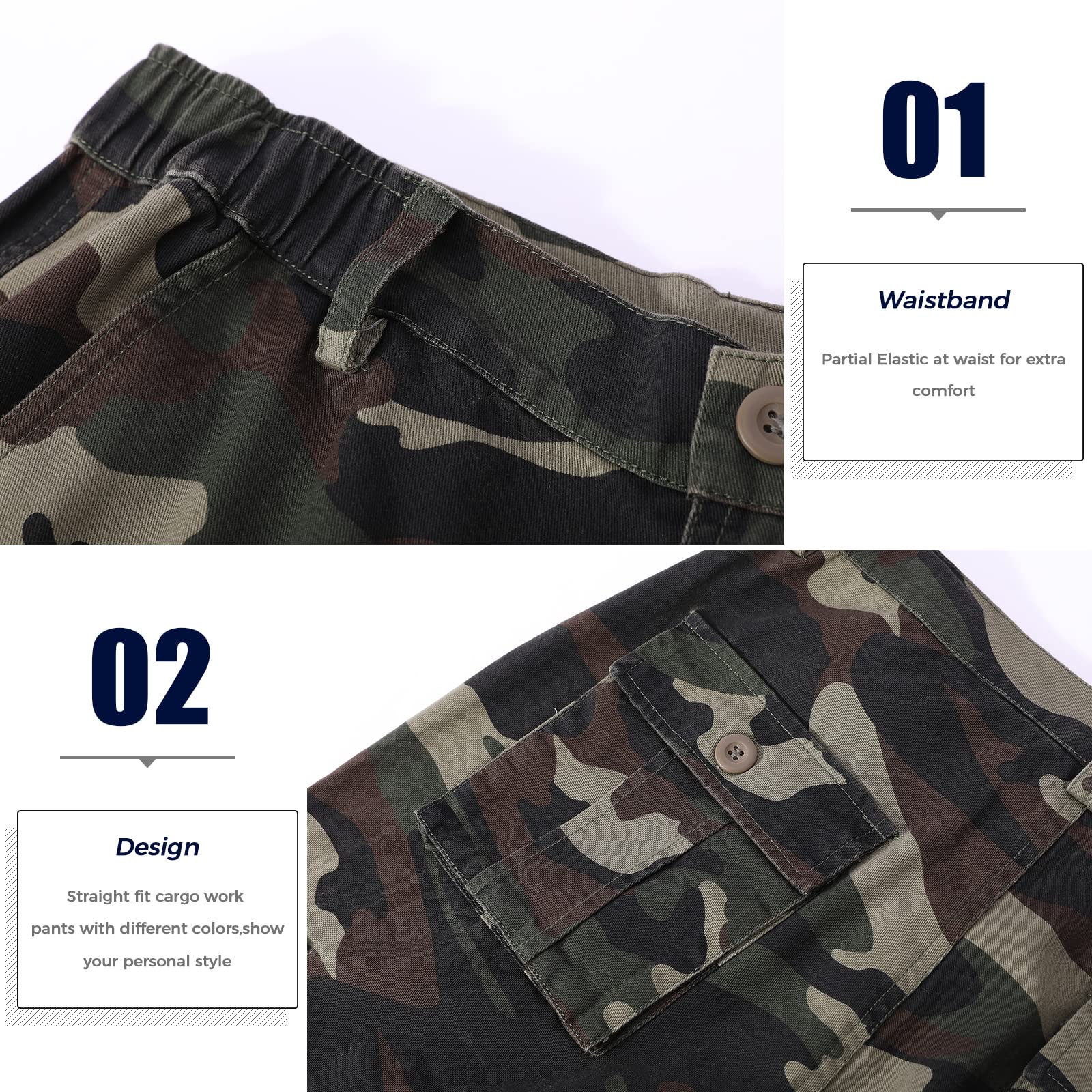 zeetoo Mens Relaxed-Fit Cargo Pants Multi Pocket Military Camo Combat Work Pants GZ03 Green Camo