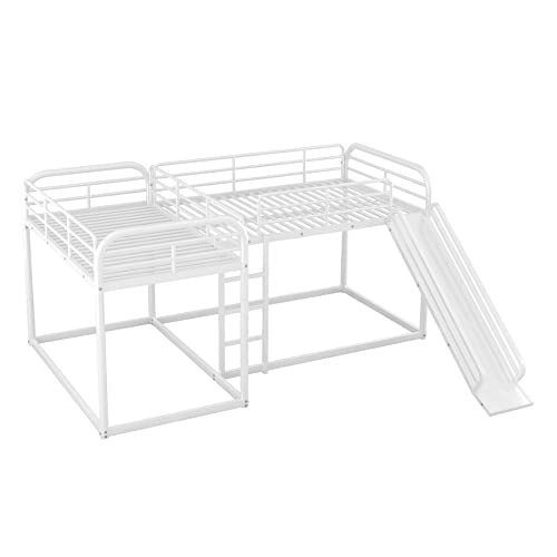 DHPM L Shaped Bunk Bed for 4, Bunk Bed with Slide, Heavy-Duty Metal Floor Bunk Bed Frame Full and Twin Size for Kids Teens Girls Boys