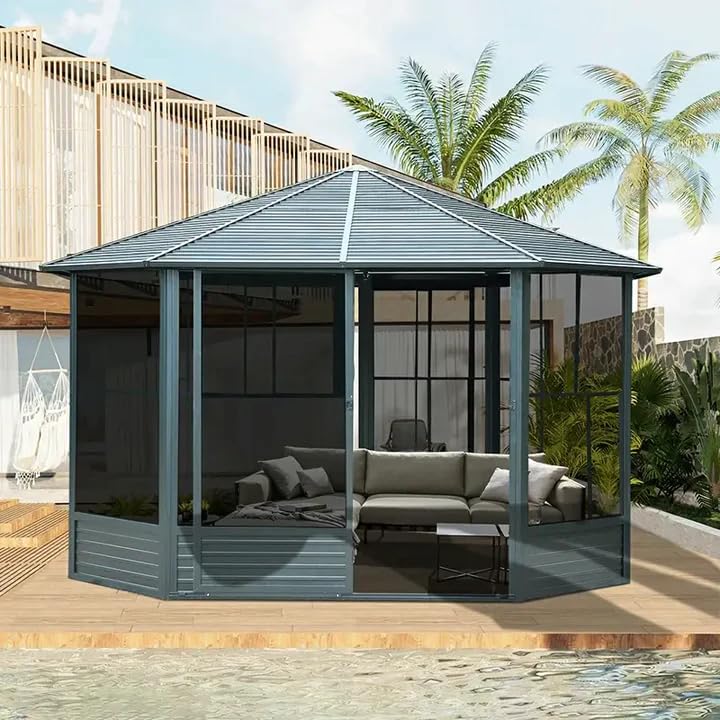 Domi 13x13FT Sunroom, Octagonal Solarium Aluminum Hardtop Gazebo with Galvanized Steel Roof, Detachable PE Screen, Sliding Door, Sun Room Pavilion Gazebo for Deck Backyard Garden