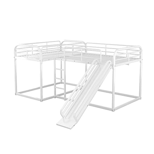 DHPM L Shaped Bunk Bed for 4, Bunk Bed with Slide, Heavy-Duty Metal Floor Bunk Bed Frame Full and Twin Size for Kids Teens Girls Boys