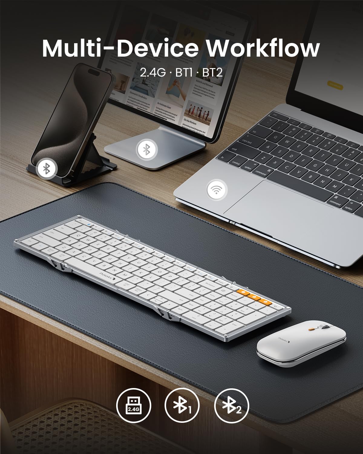 ProtoArc Foldable Keyboard and Mouse, XKM01 True Full-Size Folding Keyboard Mouse Combo for Business and Travel, 2.4G+Dual Bluetooth Portable Mouse Keyboard for Laptop iPads Tablets - White