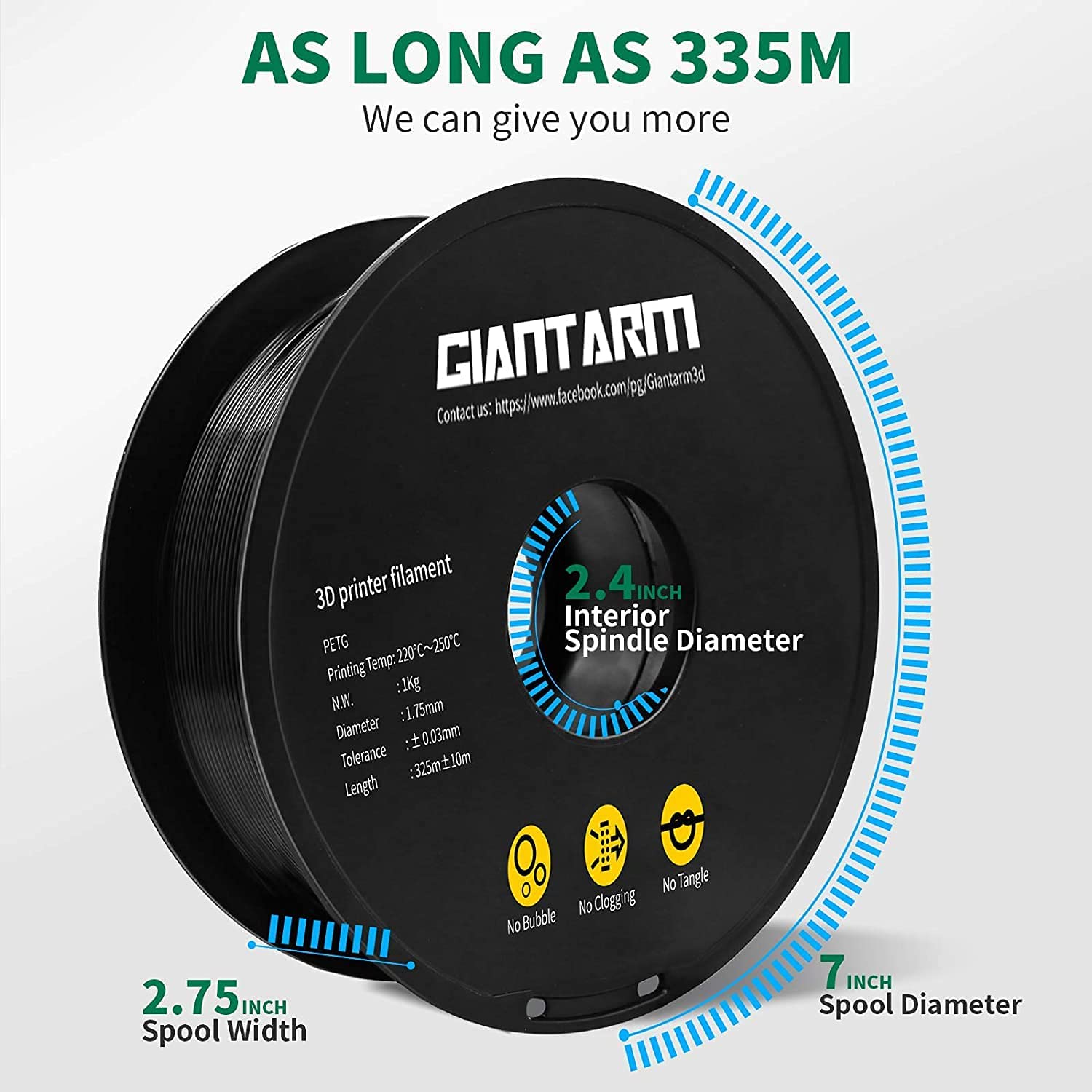 GIANTARM Black PETG 3D Printer Filament Toughness Enhanced 1kg (2.2lbs), 1.75mm Dimensional Accuracy +/-0.03mm, 1080 Feet(330m)/Roll, Vacuum Package, Fit for Most 3D FDM Printer
