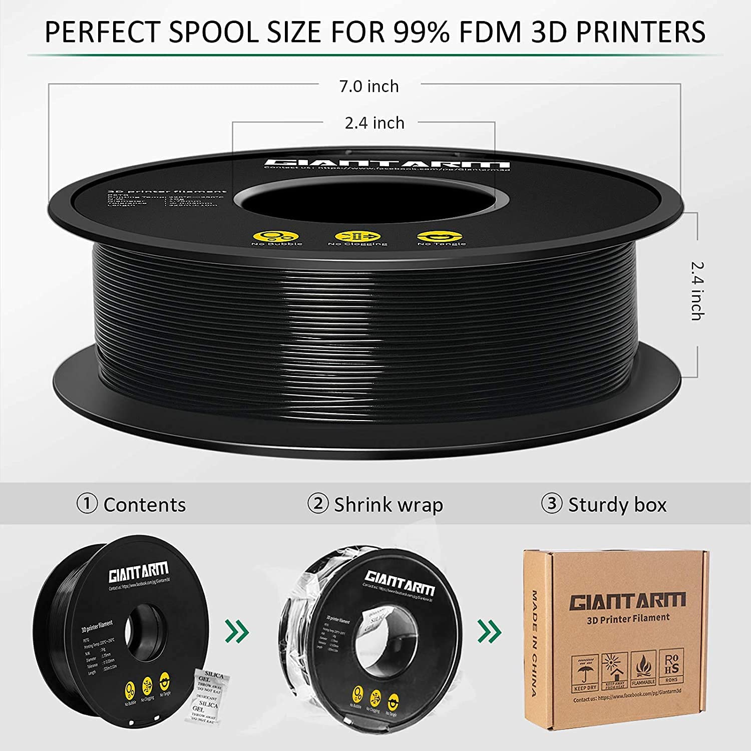 GIANTARM Black PETG 3D Printer Filament Toughness Enhanced 1kg (2.2lbs), 1.75mm Dimensional Accuracy +/-0.03mm, 1080 Feet(330m)/Roll, Vacuum Package, Fit for Most 3D FDM Printer
