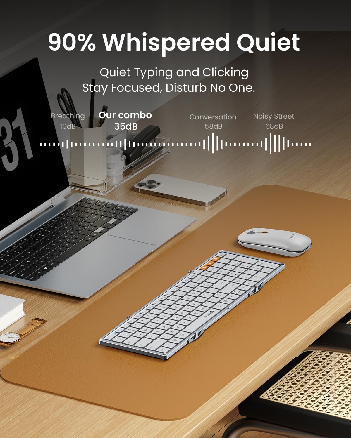 ProtoArc Foldable Keyboard and Mouse, XKM01 True Full-Size Folding Keyboard Mouse Combo for Business and Travel, 2.4G+Dual Bluetooth Portable Mouse Keyboard for Laptop iPads Tablets - White