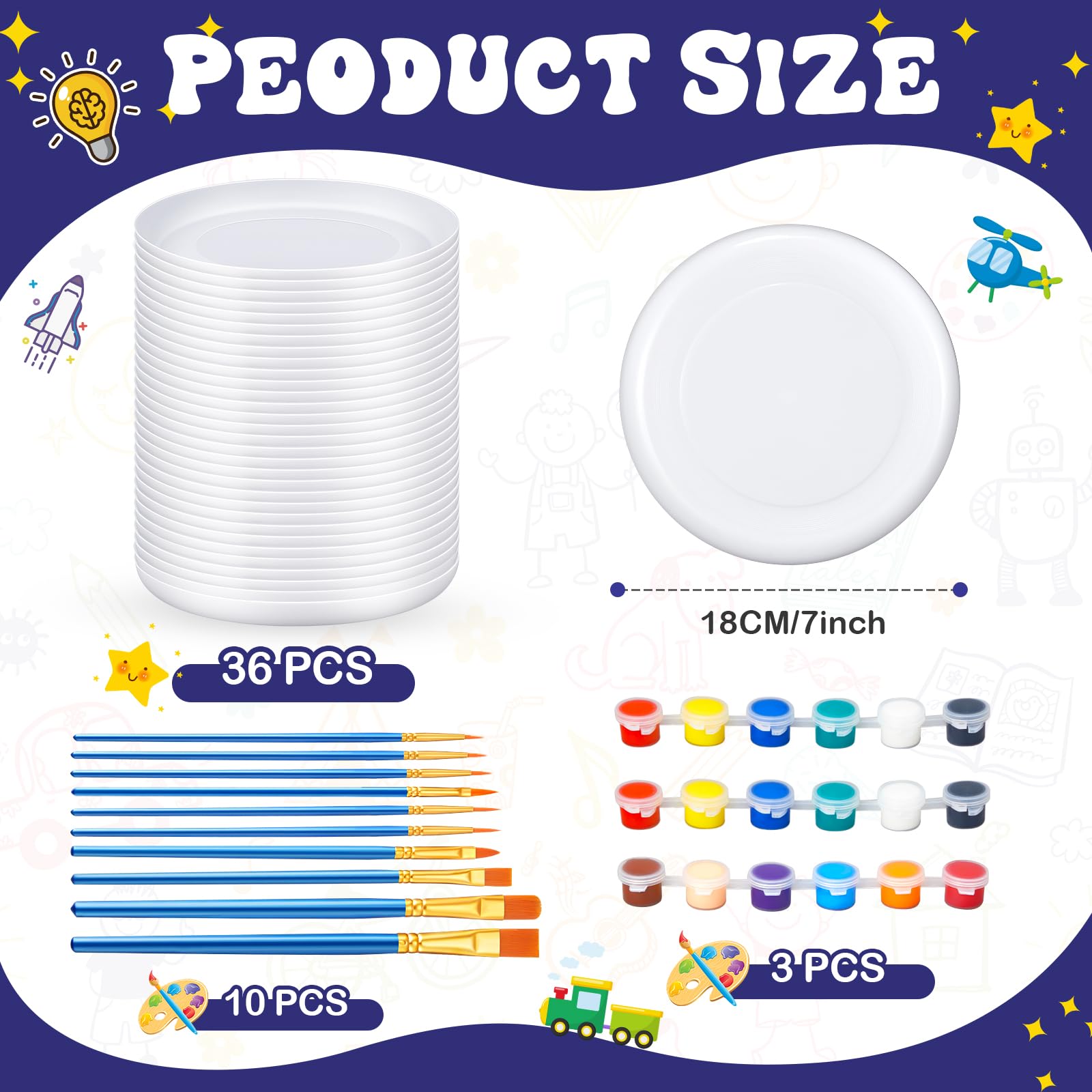 Tenceur 36 Pcs DIY Plastic Flying Disks Bulk 7 Inch Color Your Own White Flying Disc with 10 Paintbrushes and 3 Paints for Party Favors and Crafts Fun Home Activities Games