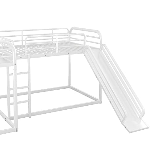 DHPM L Shaped Bunk Bed for 4, Bunk Bed with Slide, Heavy-Duty Metal Floor Bunk Bed Frame Full and Twin Size for Kids Teens Girls Boys
