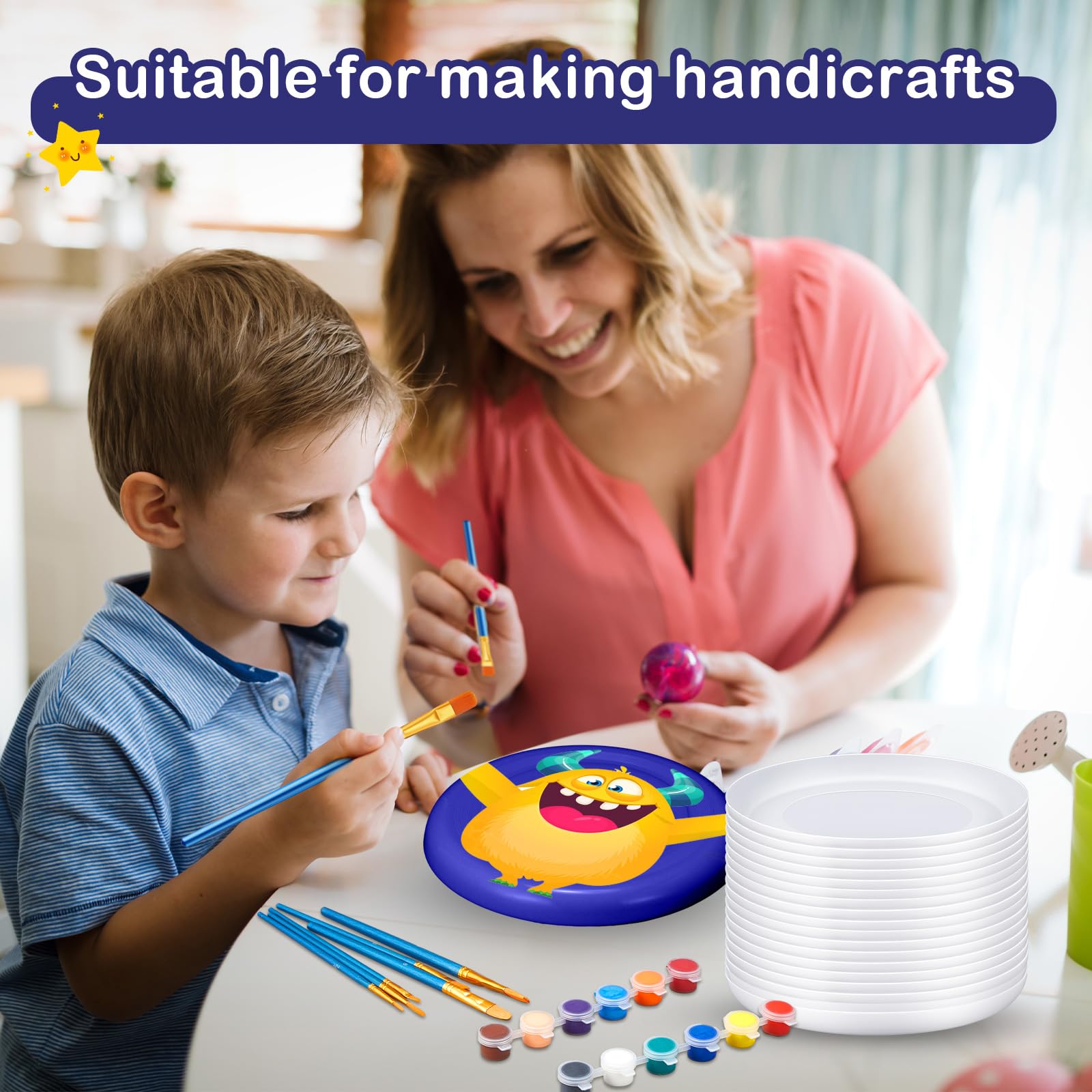 Tenceur 36 Pcs DIY Plastic Flying Disks Bulk 7 Inch Color Your Own White Flying Disc with 10 Paintbrushes and 3 Paints for Party Favors and Crafts Fun Home Activities Games