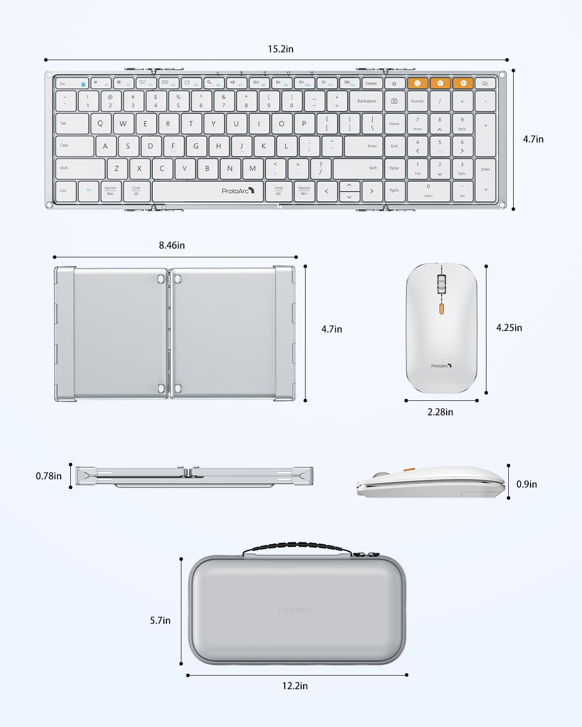 ProtoArc Foldable Keyboard and Mouse, XKM01 True Full-Size Folding Keyboard Mouse Combo for Business and Travel, 2.4G+Dual Bluetooth Portable Mouse Keyboard for Laptop iPads Tablets - White