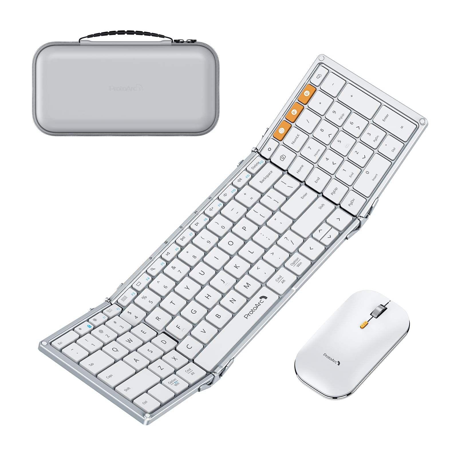 ProtoArc Foldable Keyboard and Mouse, XKM01 True Full-Size Folding Keyboard Mouse Combo for Business and Travel, 2.4G+Dual Bluetooth Portable Mouse Keyboard for Laptop iPads Tablets - White