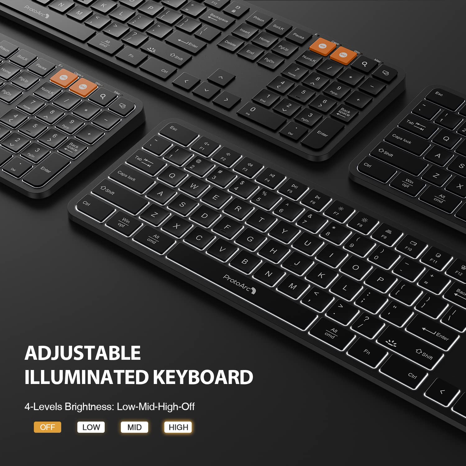 ProtoArc Backlit Wireless Keyboard, K100 2.4G Ultra Slim Wireless Illuminated Keyboard Full Size Silent Keyboard, Rechargeable, USB/Type C Connection, Natural Typing, Windows/Mac(Black)