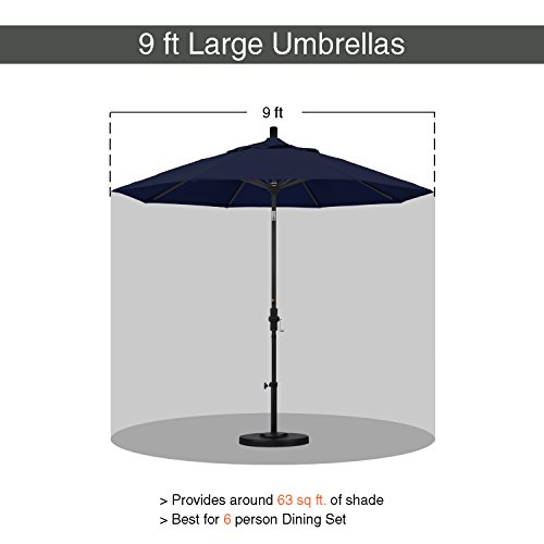 California Umbrella 9' Round Aluminum Market Umbrella, Crank Lift, Push Button Tilt, White Pole, Navy Blue Olefin