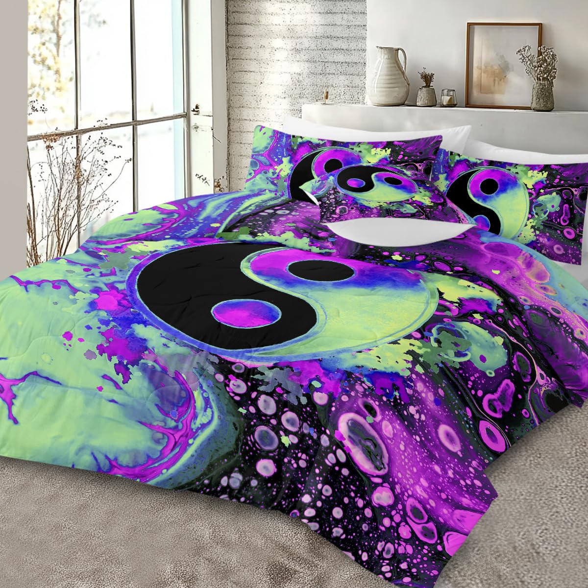 Sleepwish Colorful Yin Yang Full Size Comforter Set Purple Turquoise Bedding Set 4 Pieces Psychedelic Splash Bubbles Bed Set with 2 Pillow Cases 1 Cushion Cover
