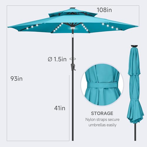 FLAME&SHADE 9 ft Double Top Solar Powered Outdoor Market Patio Table Umbrella with LED Lights and Tilt, Aqua Blue