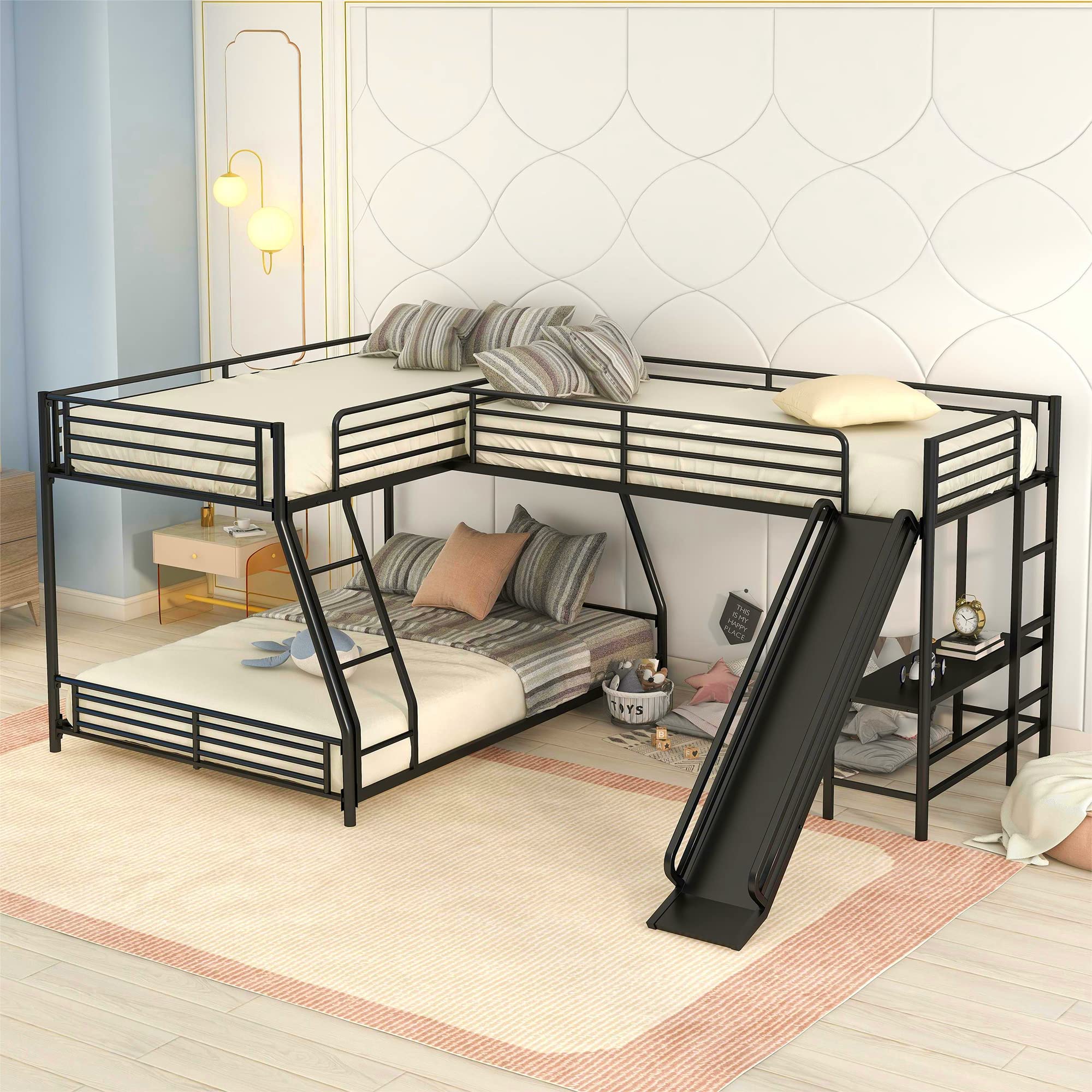 L Shaped Bunk Bed with Slide, Twin Over Full Bunk Bed & Twin Size Loft Bed with Built-in Desk, Corner Beds, Metal Triple Bed for Kids Teens Boys Girls,No Box Spring Needed(Black)