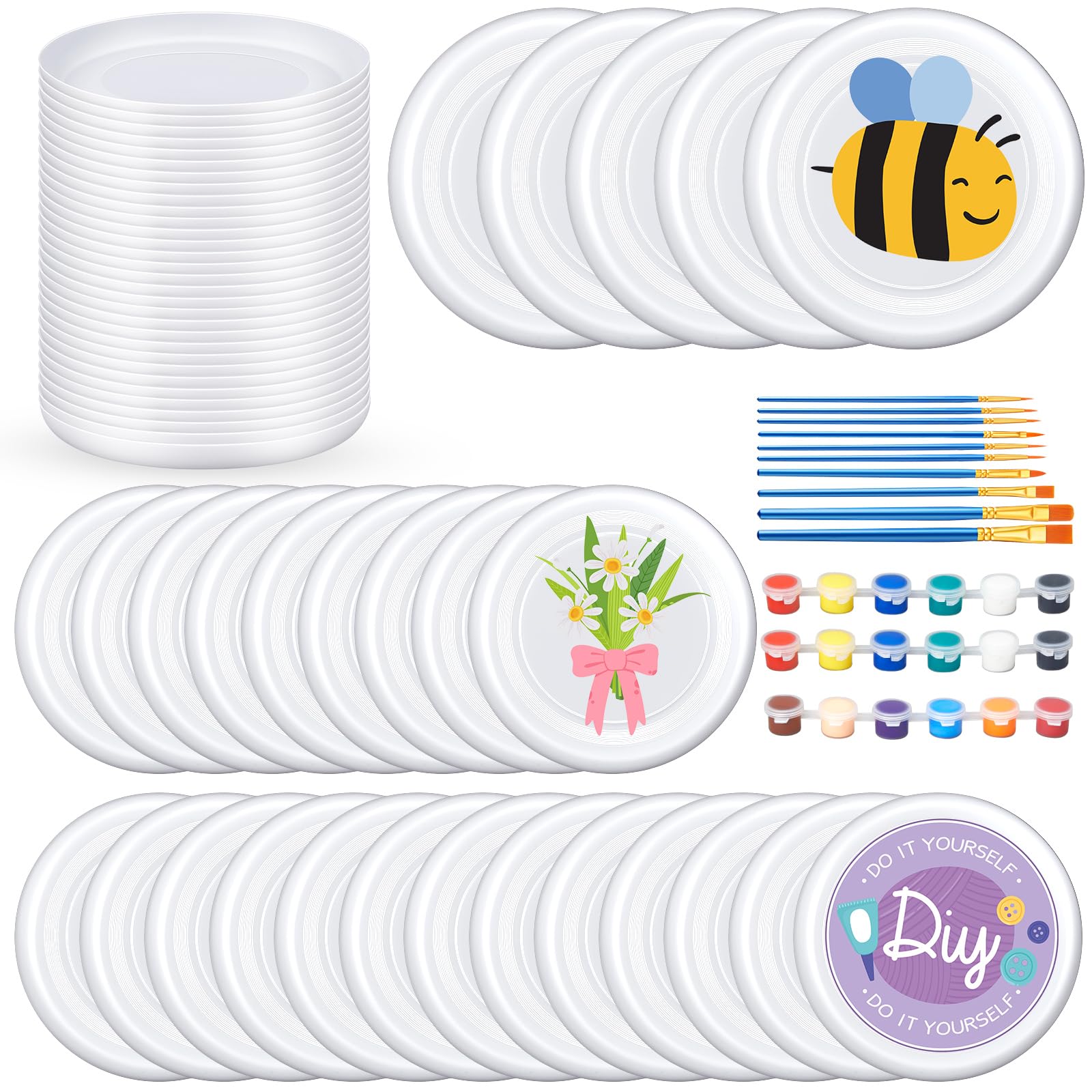 Tenceur 36 Pcs DIY Plastic Flying Disks Bulk 7 Inch Color Your Own White Flying Disc with 10 Paintbrushes and 3 Paints for Party Favors and Crafts Fun Home Activities Games
