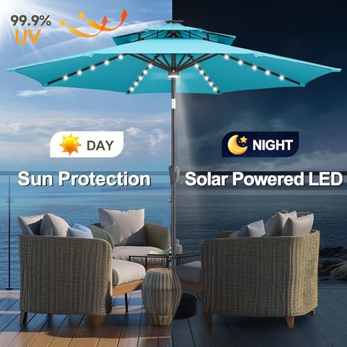 FLAME&SHADE 9 ft Double Top Solar Powered Outdoor Market Patio Table Umbrella with LED Lights and Tilt, Aqua Blue